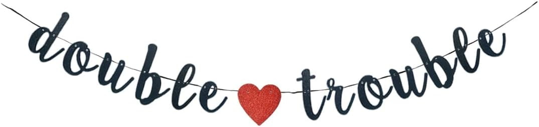 Double Trouble Banner, Black Paper Sign for Twins Baby Shower Party ...