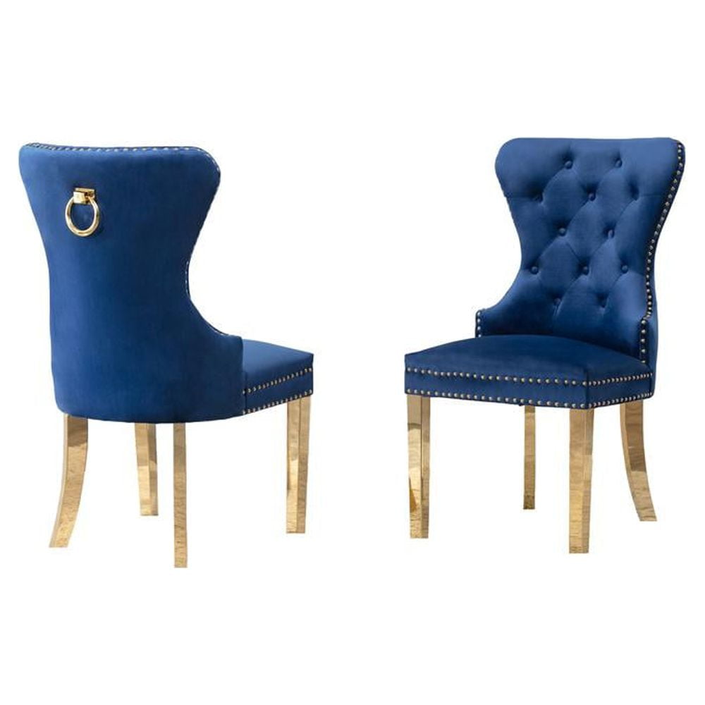 Double Tufted Navy Blue Velvet Side Chairs with Gold Stainless Steel ...