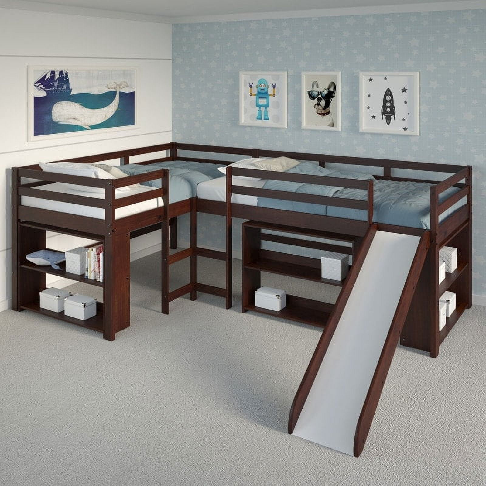 Double Twin L-Shaped Slide Loft Bedroom Set in Dark Cappuccino With ...