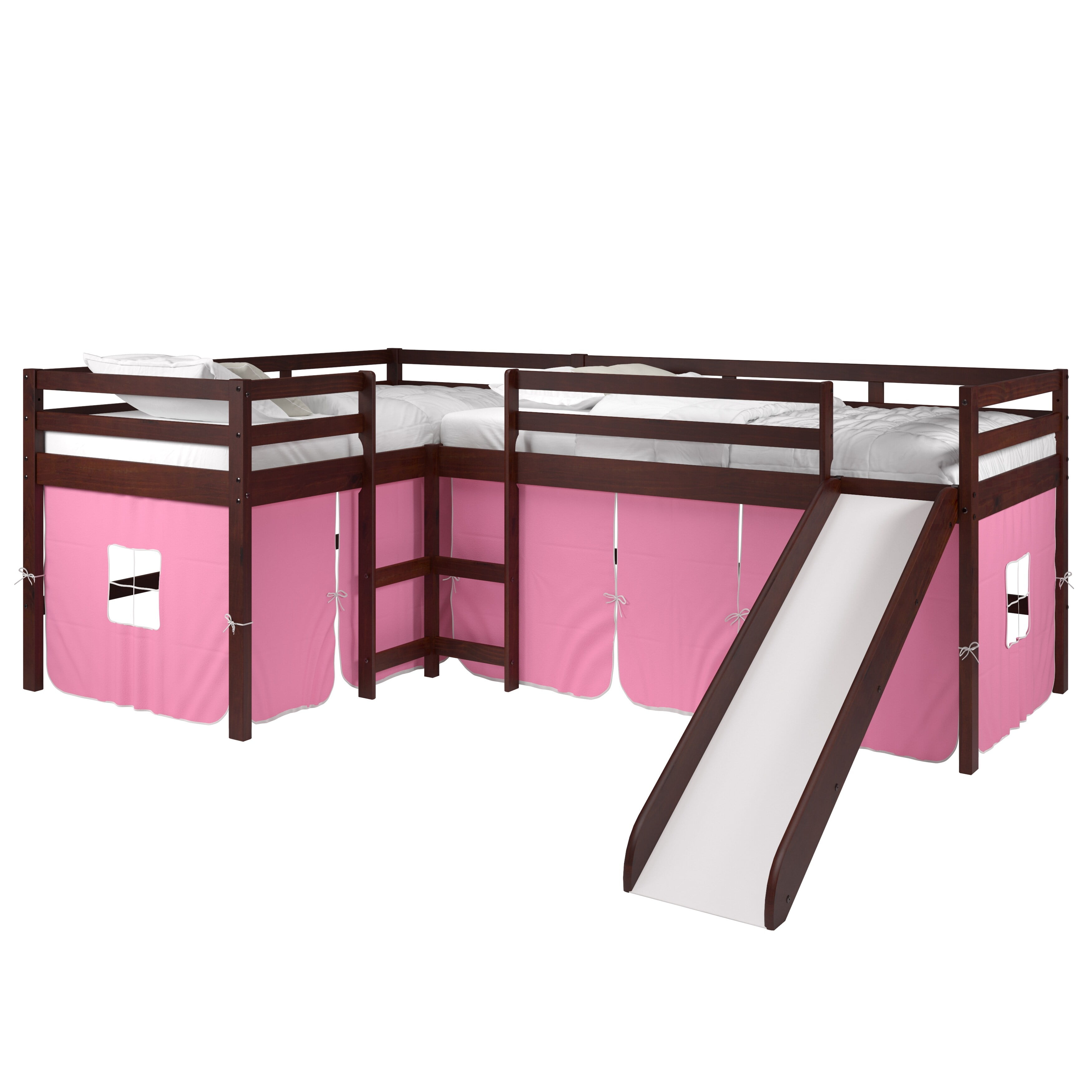 Double Twin L-Shaped Slide Loft with Optional Tent Pink With Pink Tent - Walmart.com