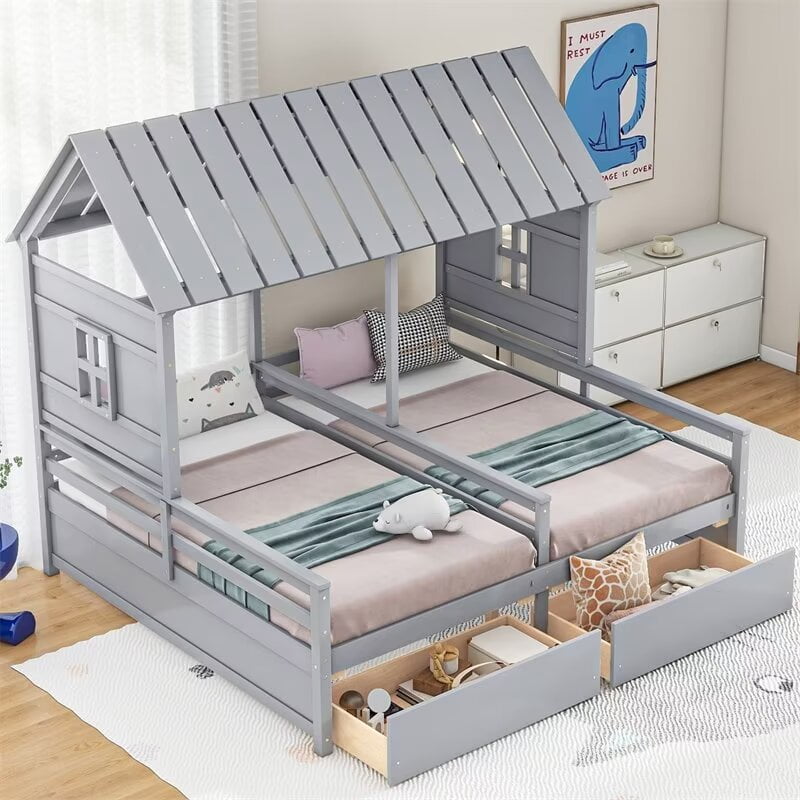 Double Twin Size House Platform Beds with 2 Drawers for Boy and Girl ...