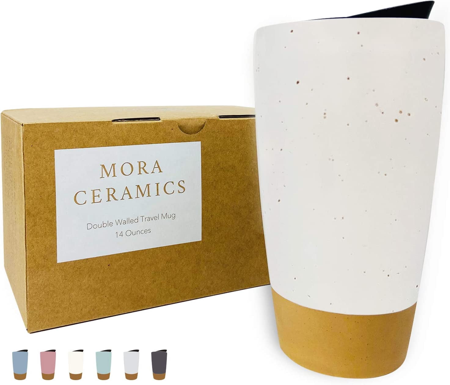 Double Wall Ceramic Coffee Travel Mug with Lid, 14 oz, Portable ...