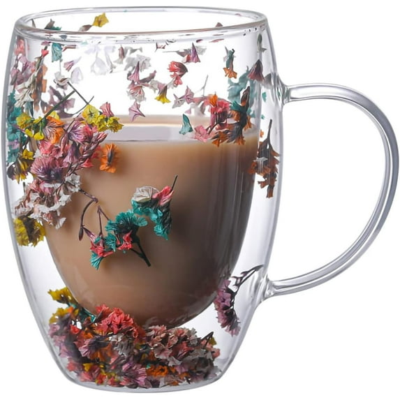Double Wall Glass Coffee Mugs with Dried Flowers – Clear Borosilicate ...