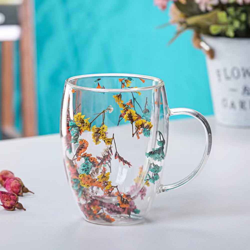 Double Wall Glass Cups with Flower Double Walled Cups With Handle for ...
