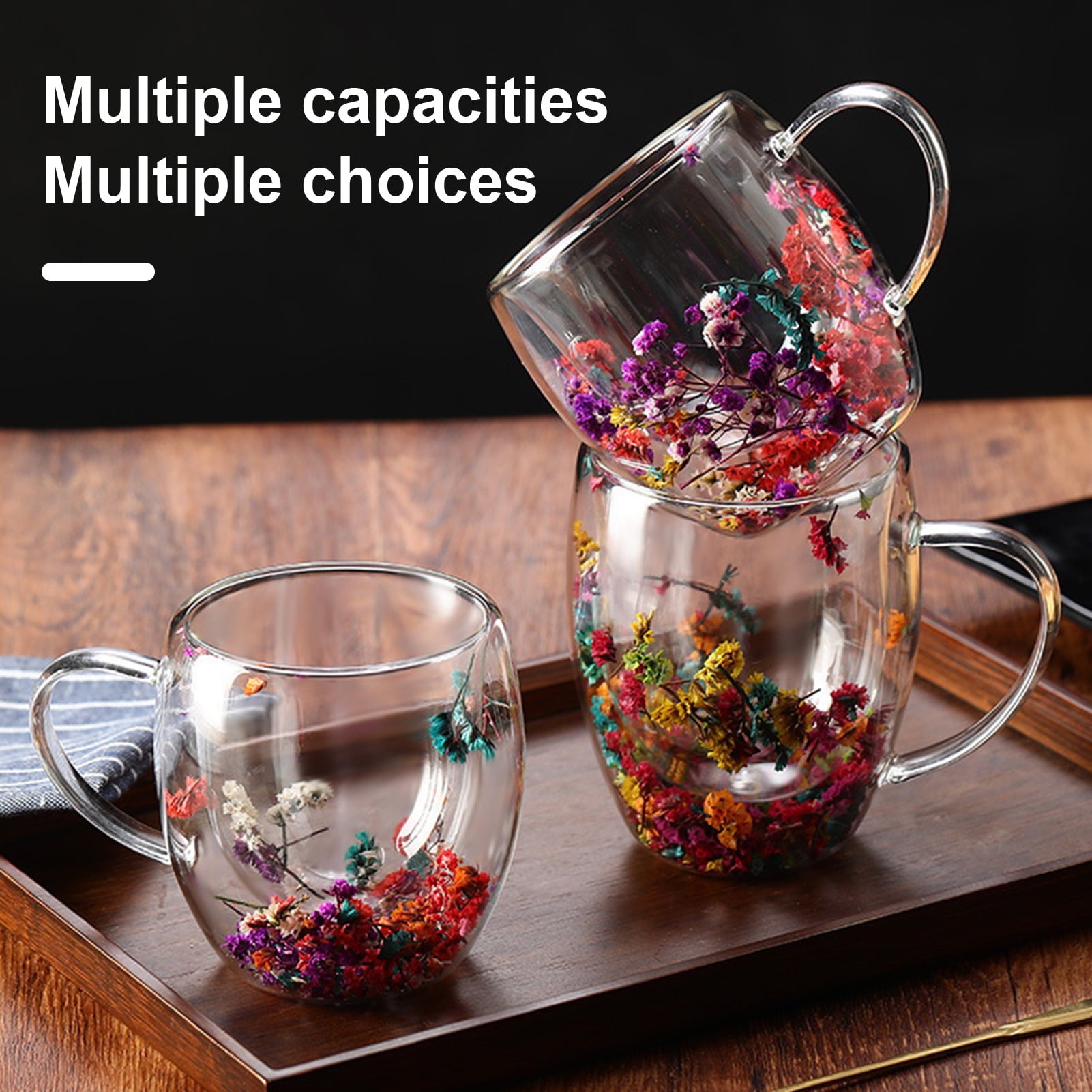 Double Wall Glass Floral Mug 250ml/350ml Clear Aesthetic Drink Cup with ...