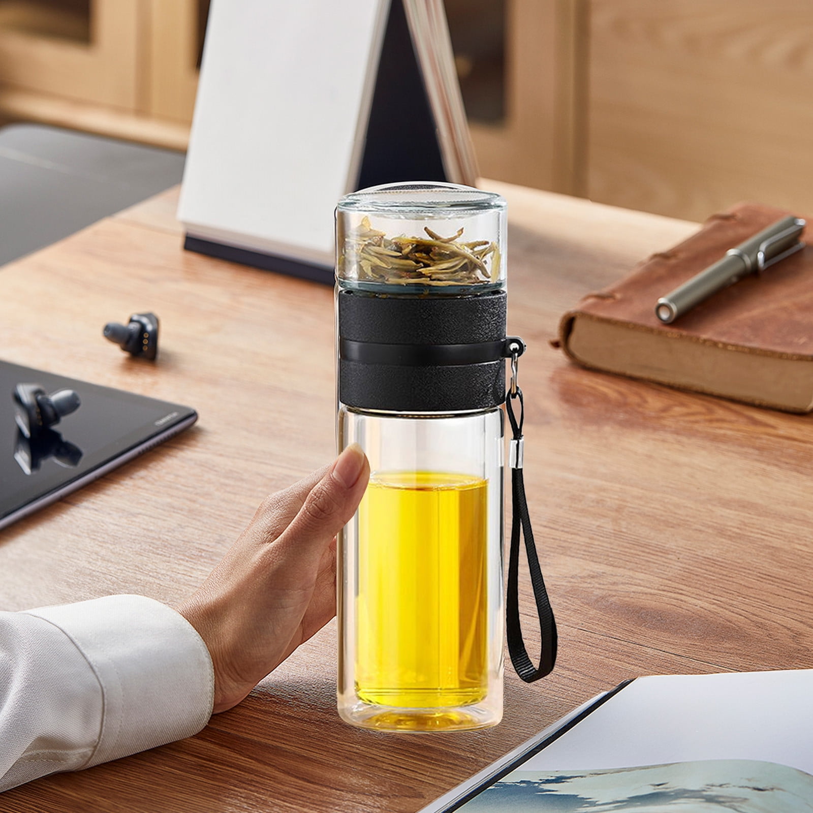Double Wall Glass Water Bottle With Tea Infuser | Heat Proof ...