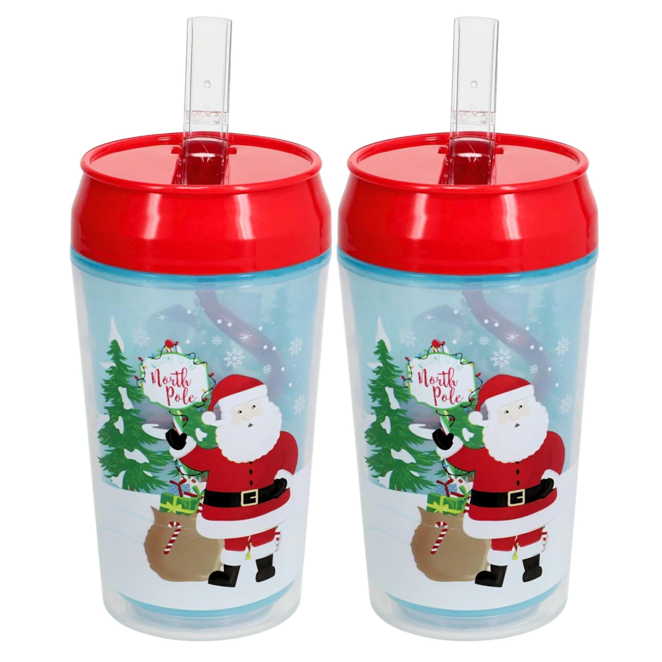 Double Wall Holiday Themed Tumblers with Flip-Up Straws 12 fl oz Santa ...