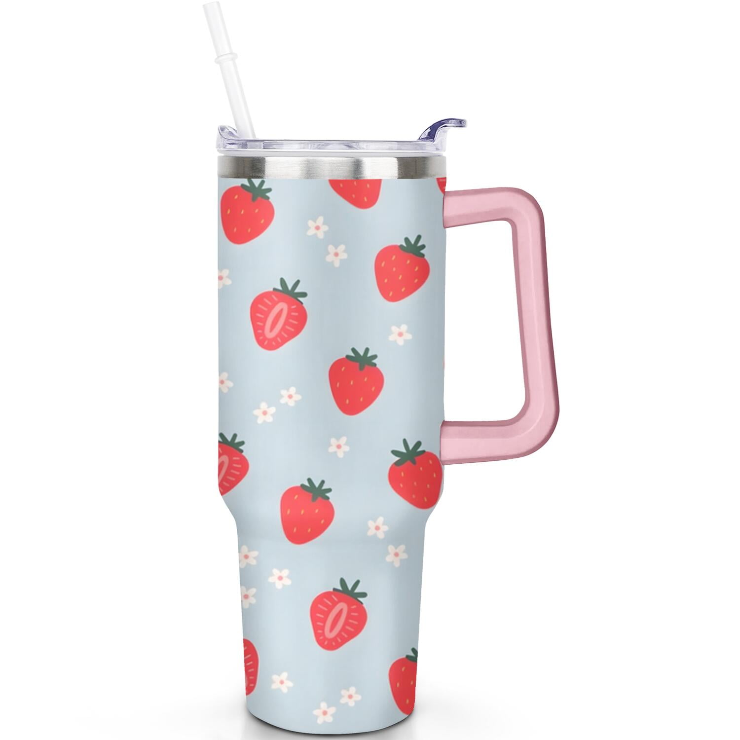 Double Wall Vacuum 40oz Strawberry Tumbler with Handle Flip Straw Lid ...