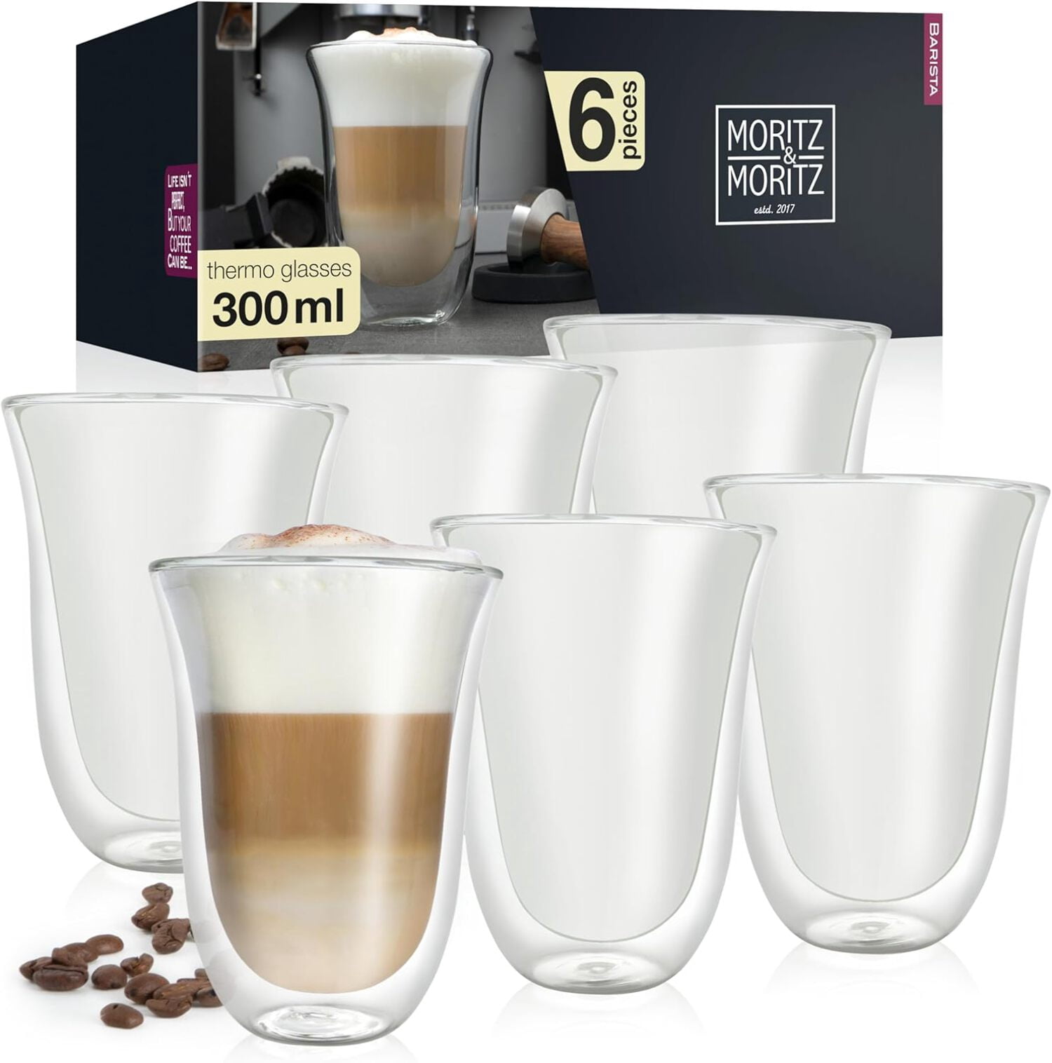 Set of 6 Double-Walled Coffee Glasses 300ml – Insulated Clear Cups ...