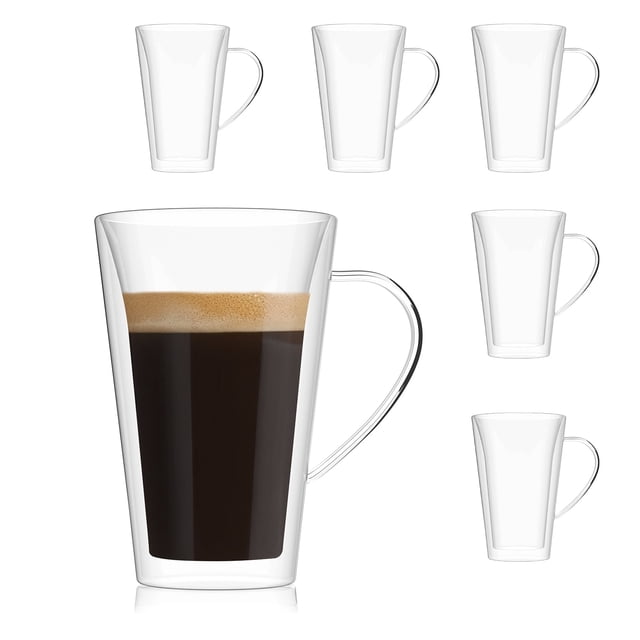 Double Walled Glass Coffee Mugs Set of 6, 13.5oz Insulated Clear Coffee ...