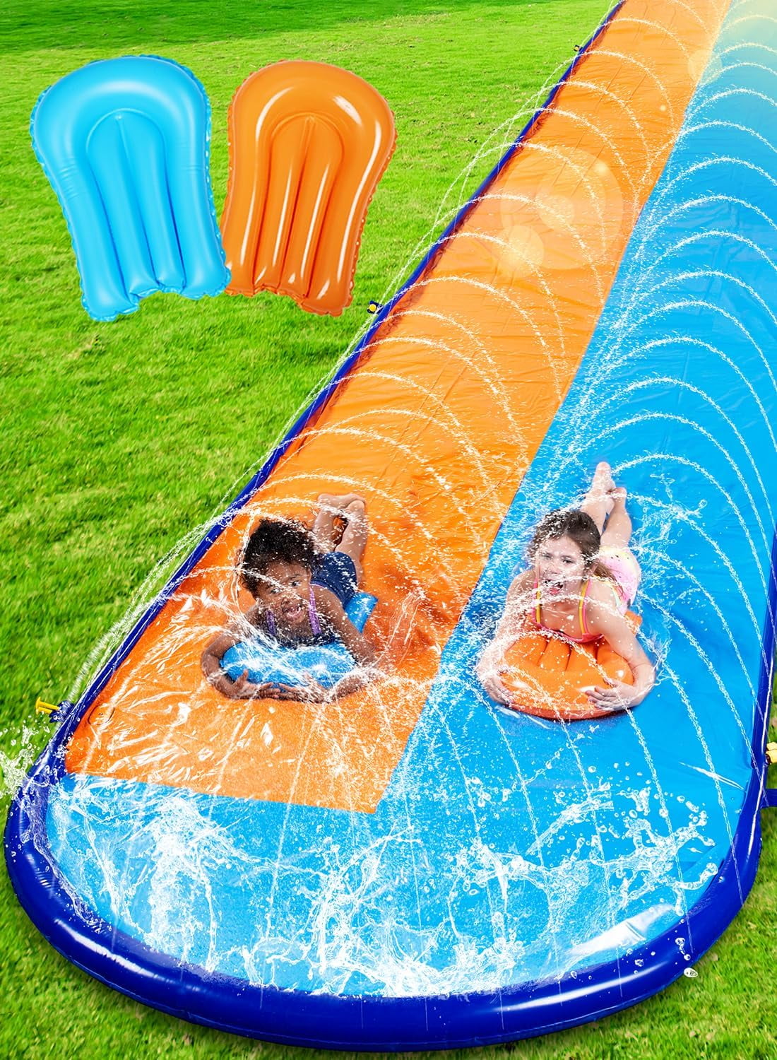 Double Water Slides, Heavy Duty Lawn Slip and Slide with Sprinkler and ...