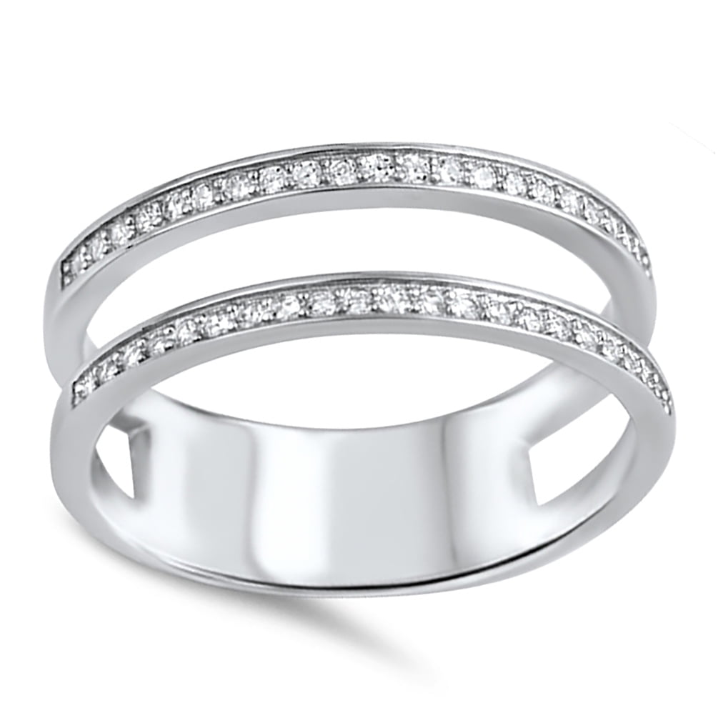 Double Wedding Band Guard for Engagement Ring .925 Sterling Silver CZ 9 ...