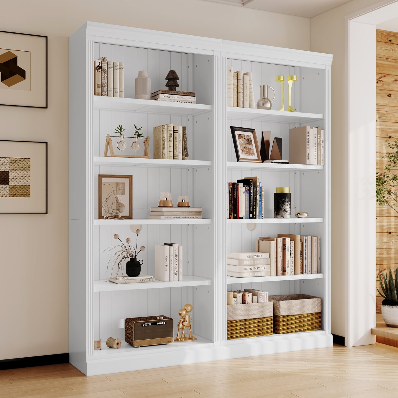 Double Wide Wood Bookcase, 5-Tier Book Shelf with Adjustable Storage ...