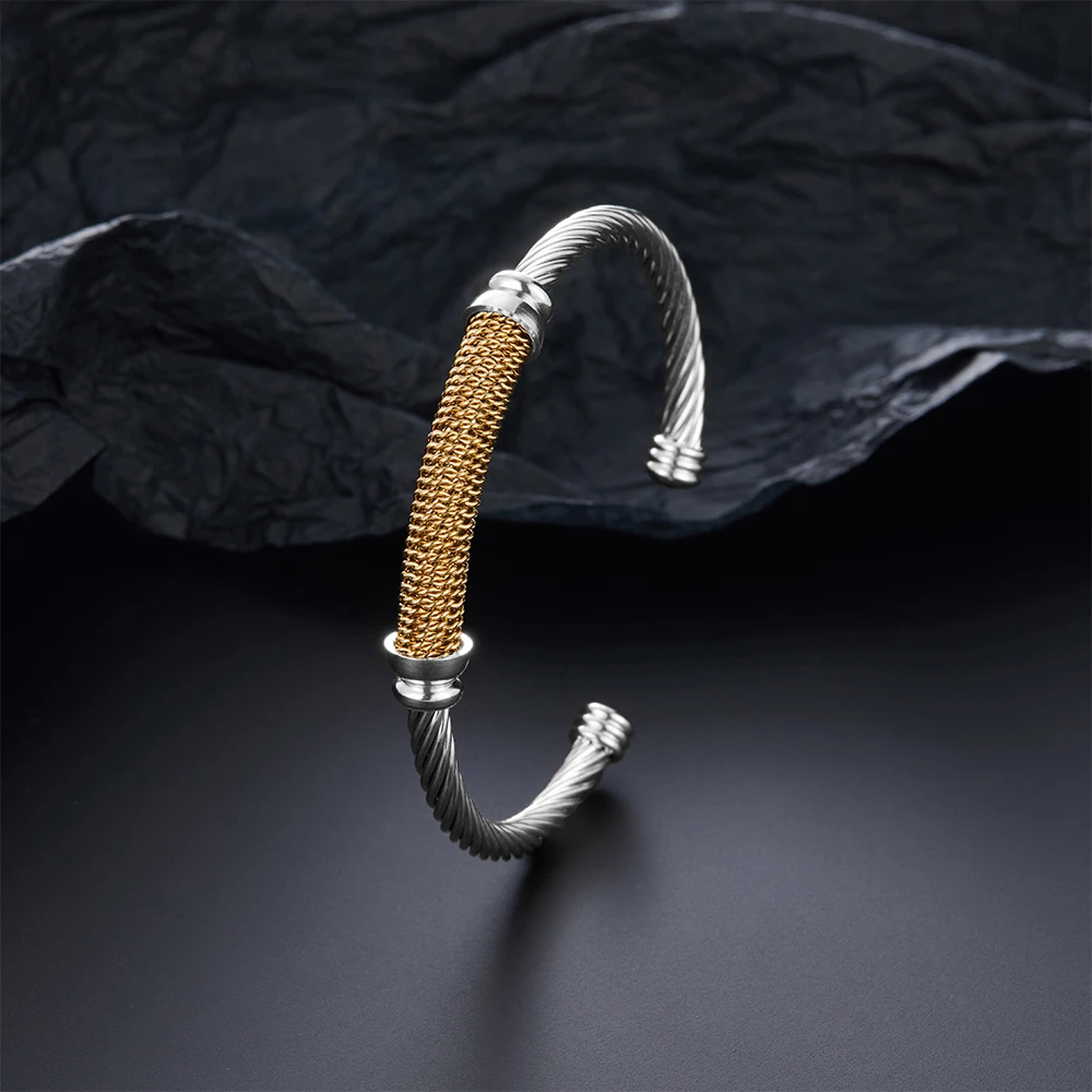 Double ball mesh 14K Yellow Gold bracelet, twisted steel wire design ...