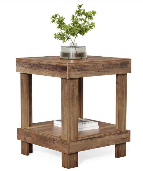 Double-deck side table, all-wood square side table, with 2 storage ...