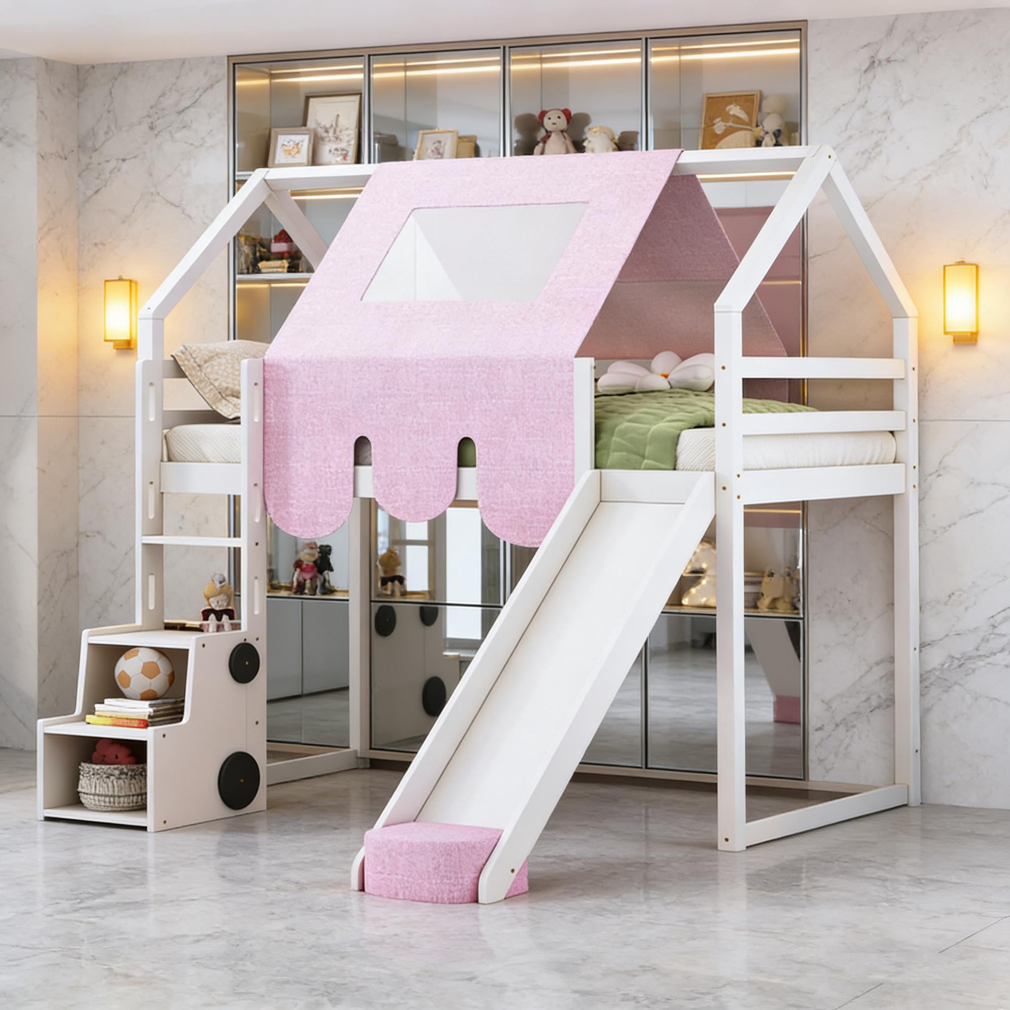 Double-decker gable wooden loft bed, pink and white finish, includes a ...