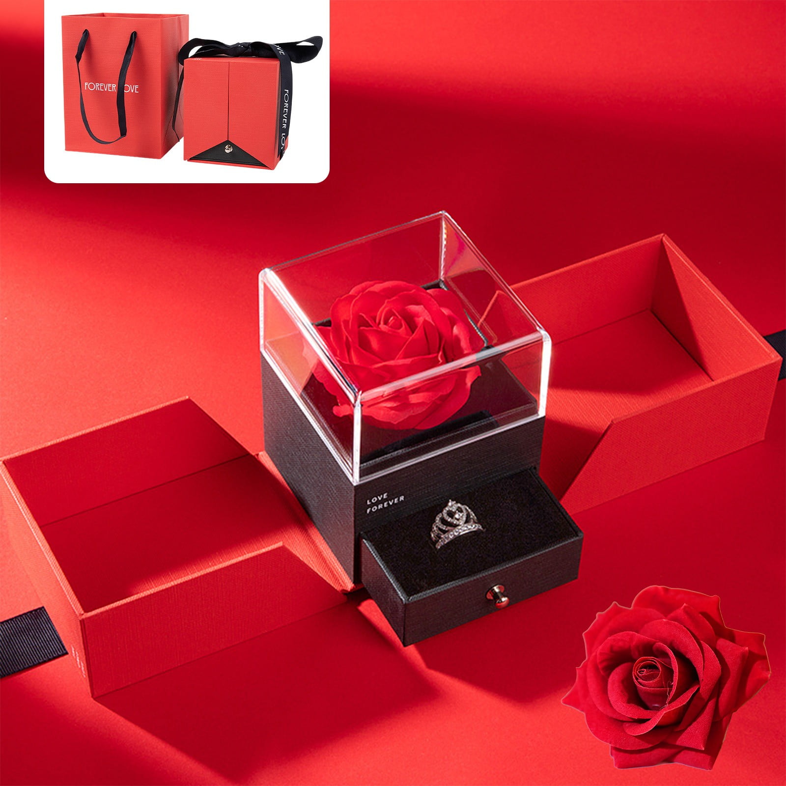 Double-door Eternal Rose Ring Box, Valentine's Day Gift Packaging Box ...