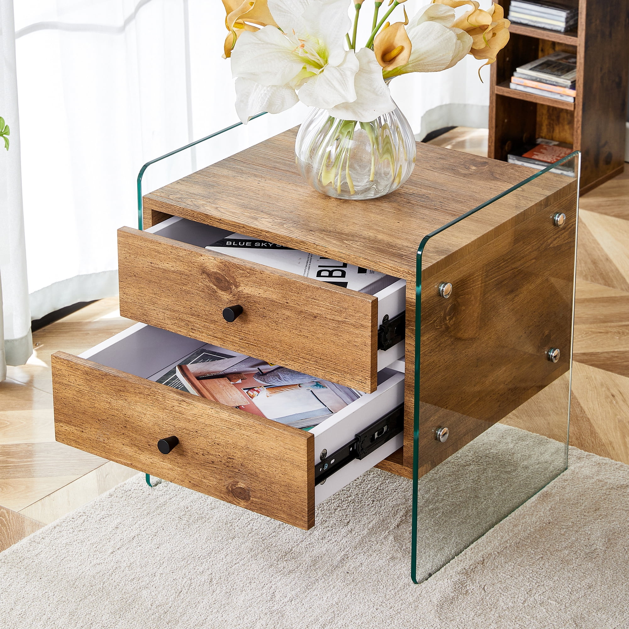 Double-drawer bedside table.The board surface is MDF with wood grain sticker, and both sides are ...