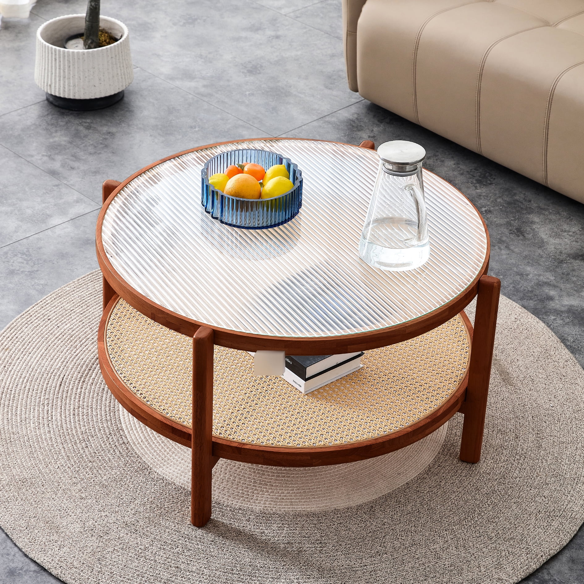 Double-layer Coffee Table, Solid Wood Frame With Craft Glass And Pe ...