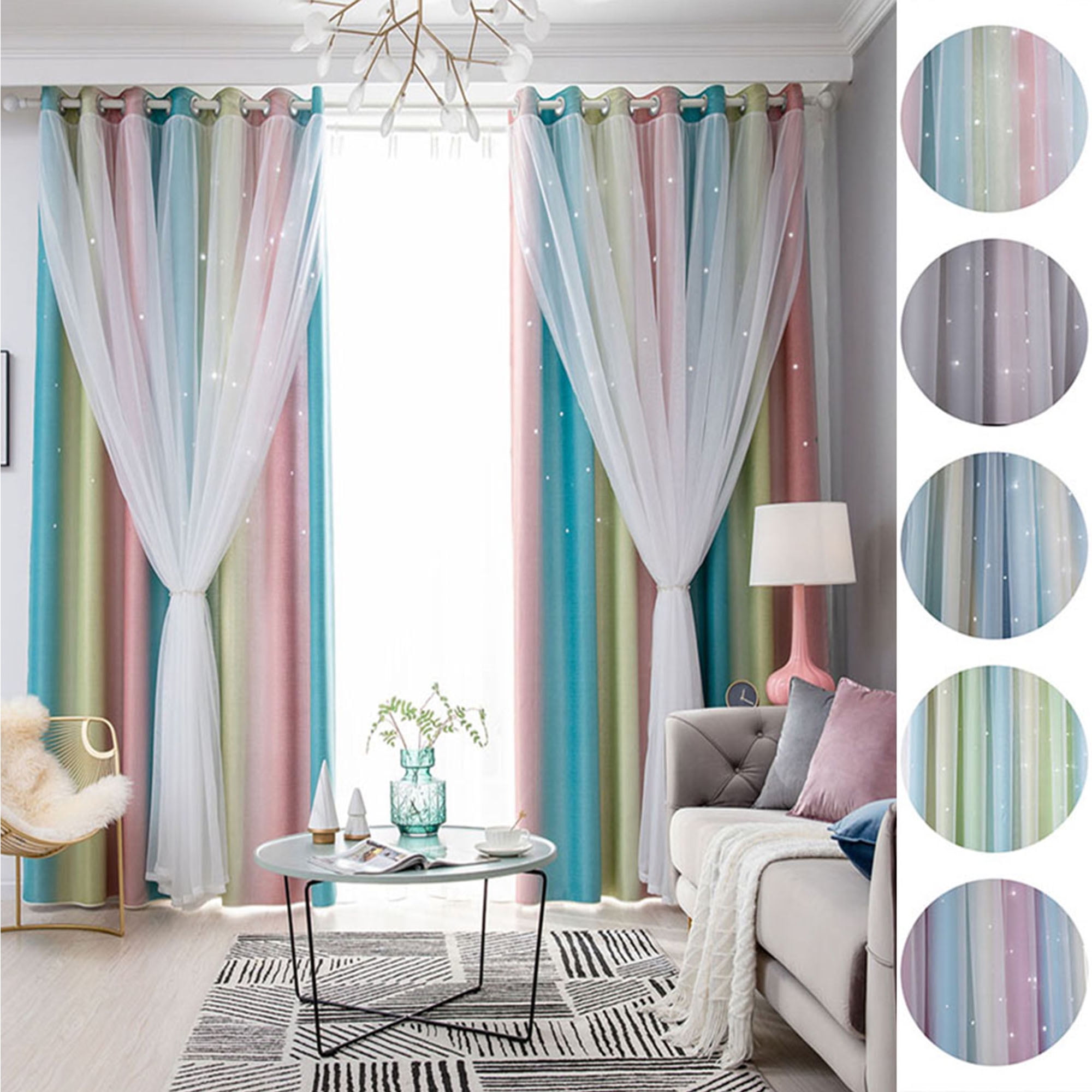Double-layer Gradient Tulle Sheer Curtain + Blackout Curtains Hollow ...