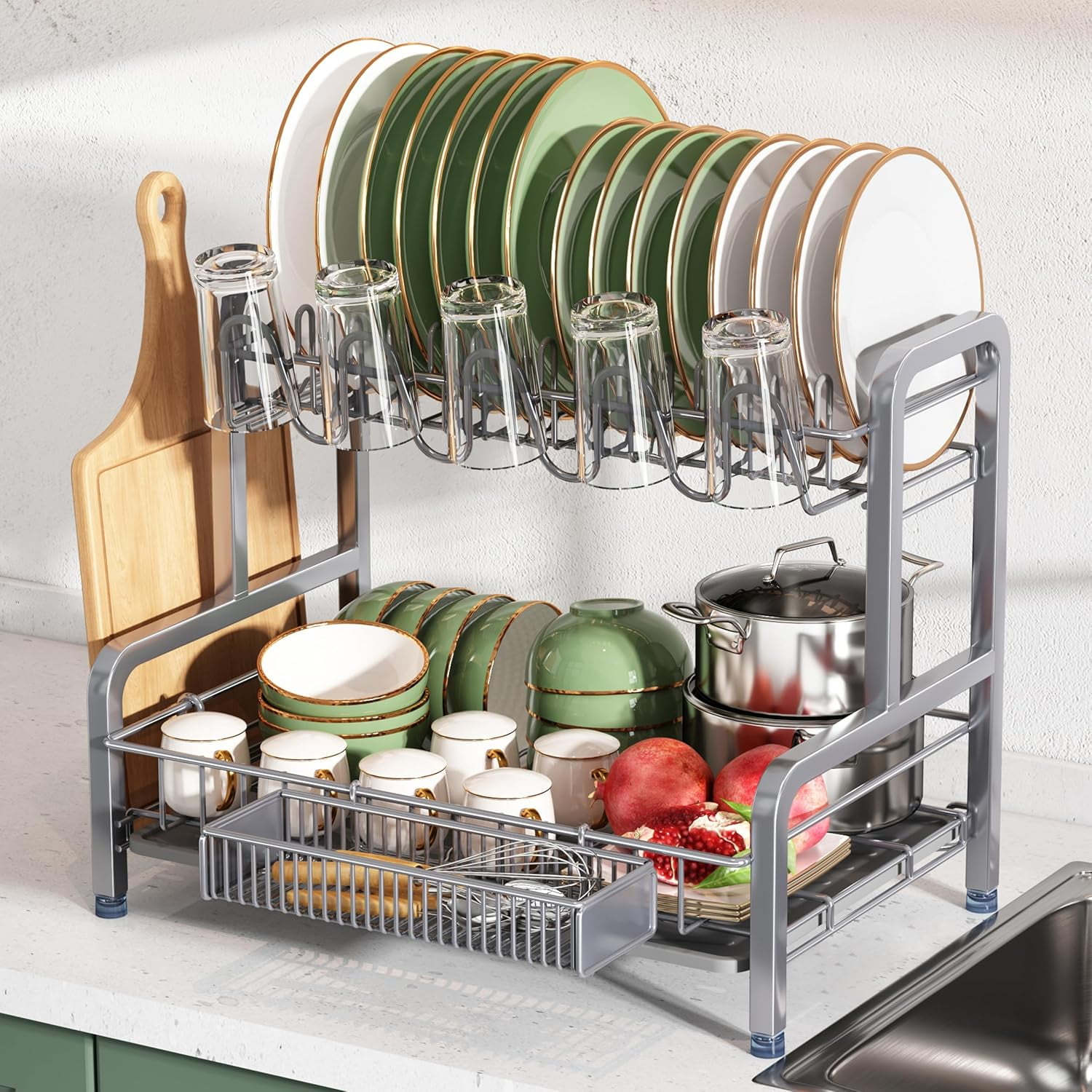 Double-layer dish drying rack, kitchen countertop dish rack, stainless ...