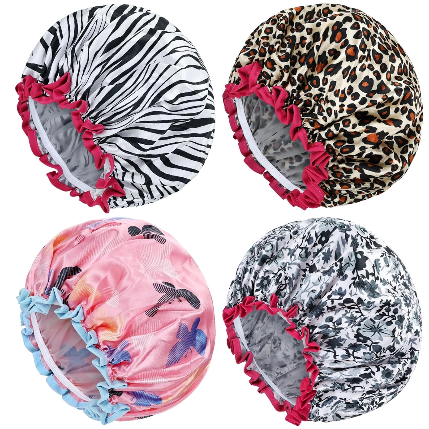 Double layer waterproof reusable satin shower cap with adjustable ...