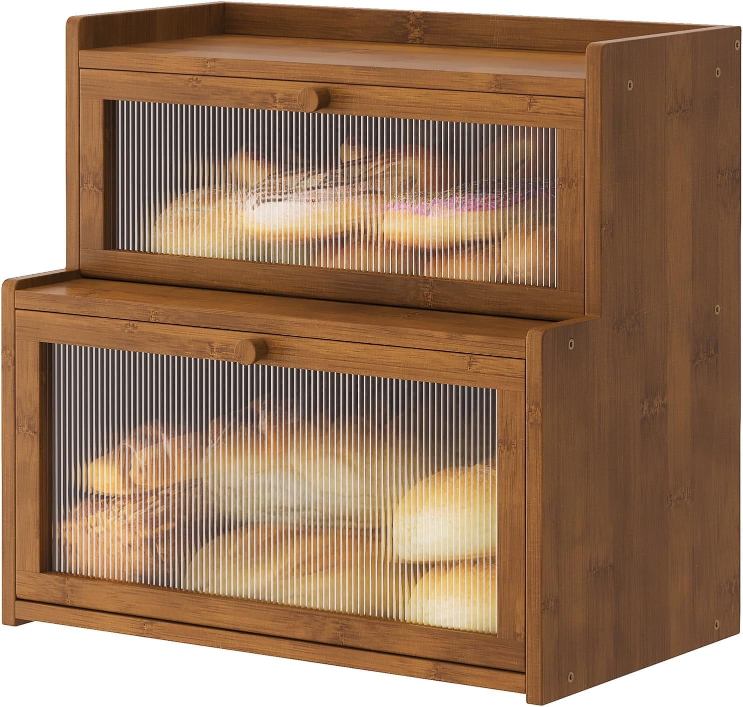 Double Layer Bamboo Bread Box for Kitchen Counter,Bread Holder ...