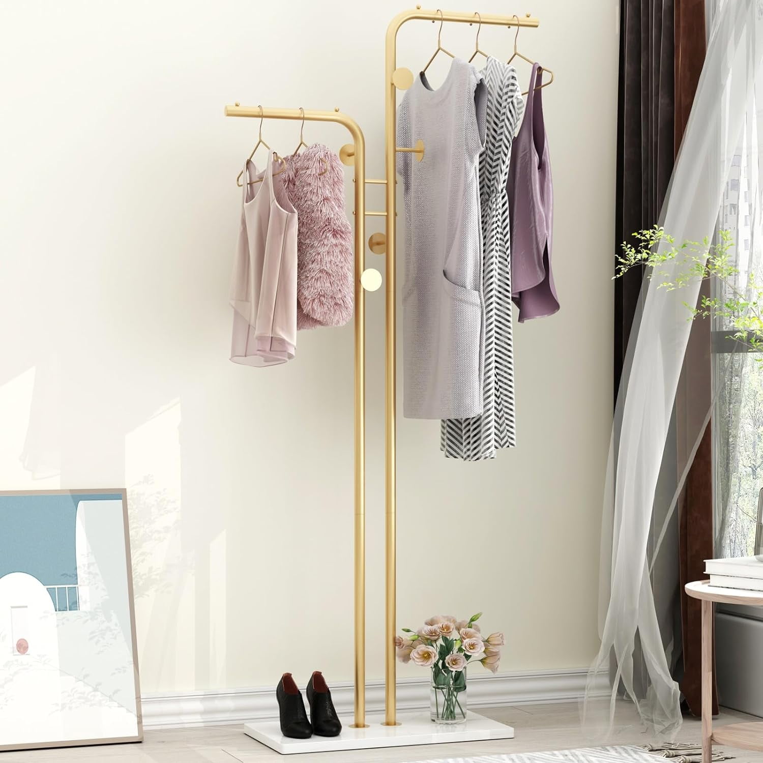 Double-pole Metal Coat Rack, Gold Coat Rack Freestanding with 5 Hooks ...