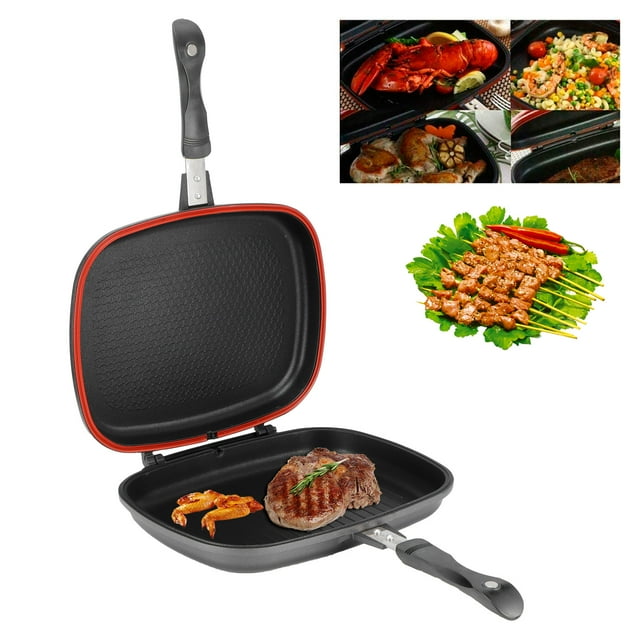 32cm Double-sided Frying Pan, BBQ Grill Pan with AntiBurn Handle ...