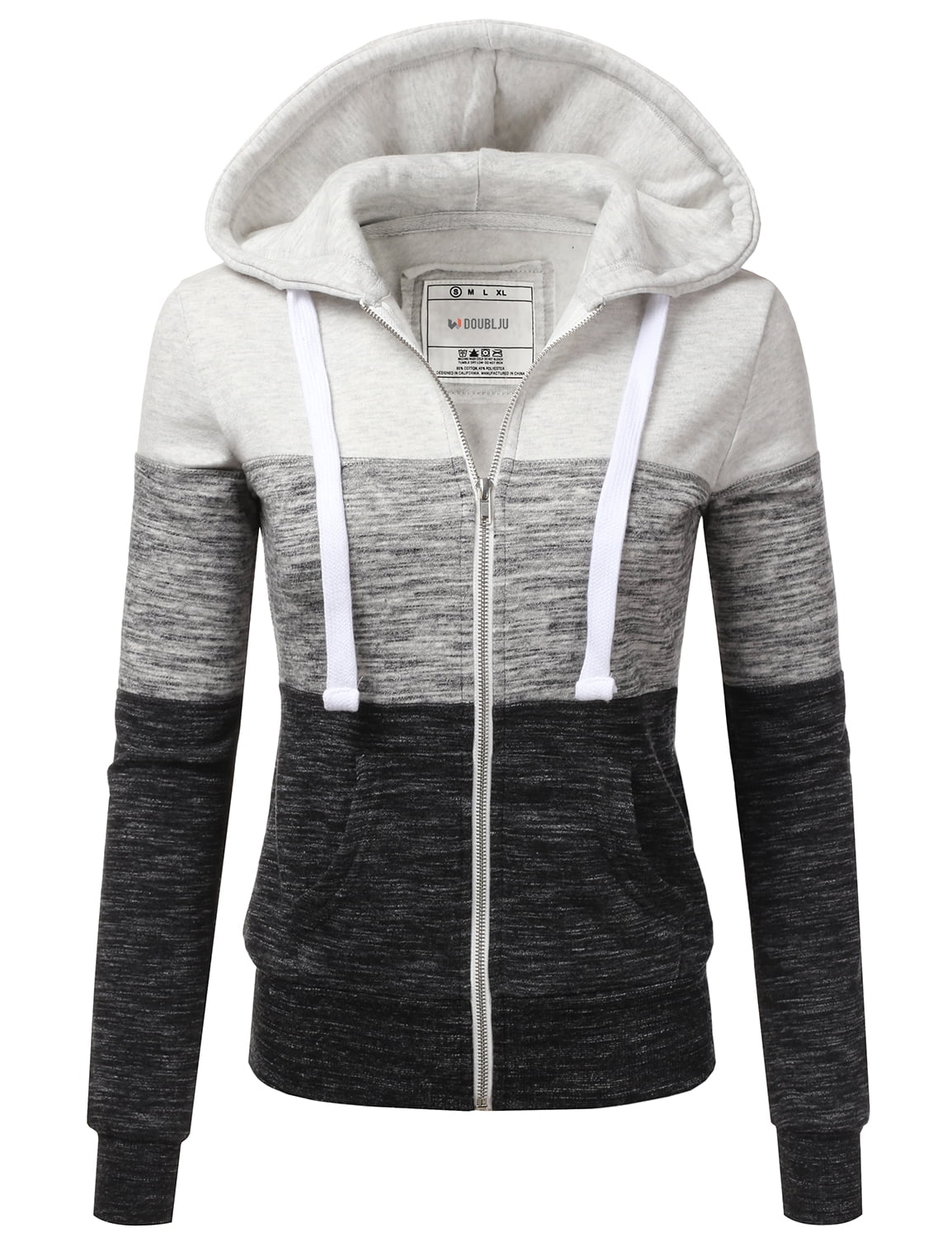 Doublju Women's 3 Color Block Fleece Zip-Up Hoodie Jacket, Plus Size ...