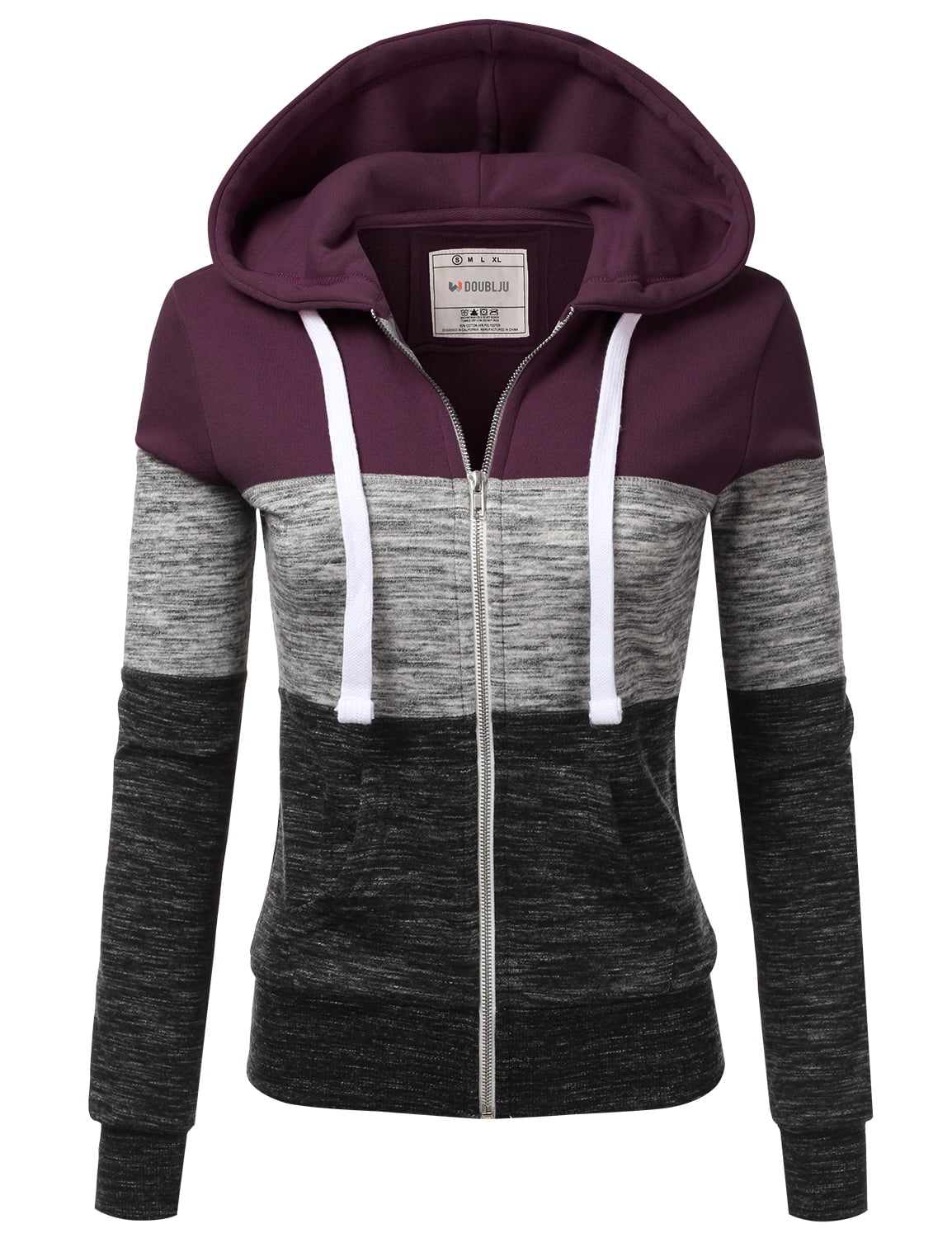 Doublju Basic Zip-Up Hoodie Jacket, 3 Color Block, Fleece, Plus Size ...