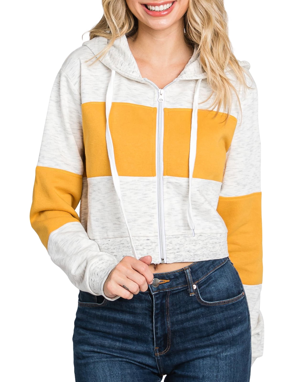 Doublju Women's Color Block Long Sleeve Cozy Crop Zip Up Hoodie ...