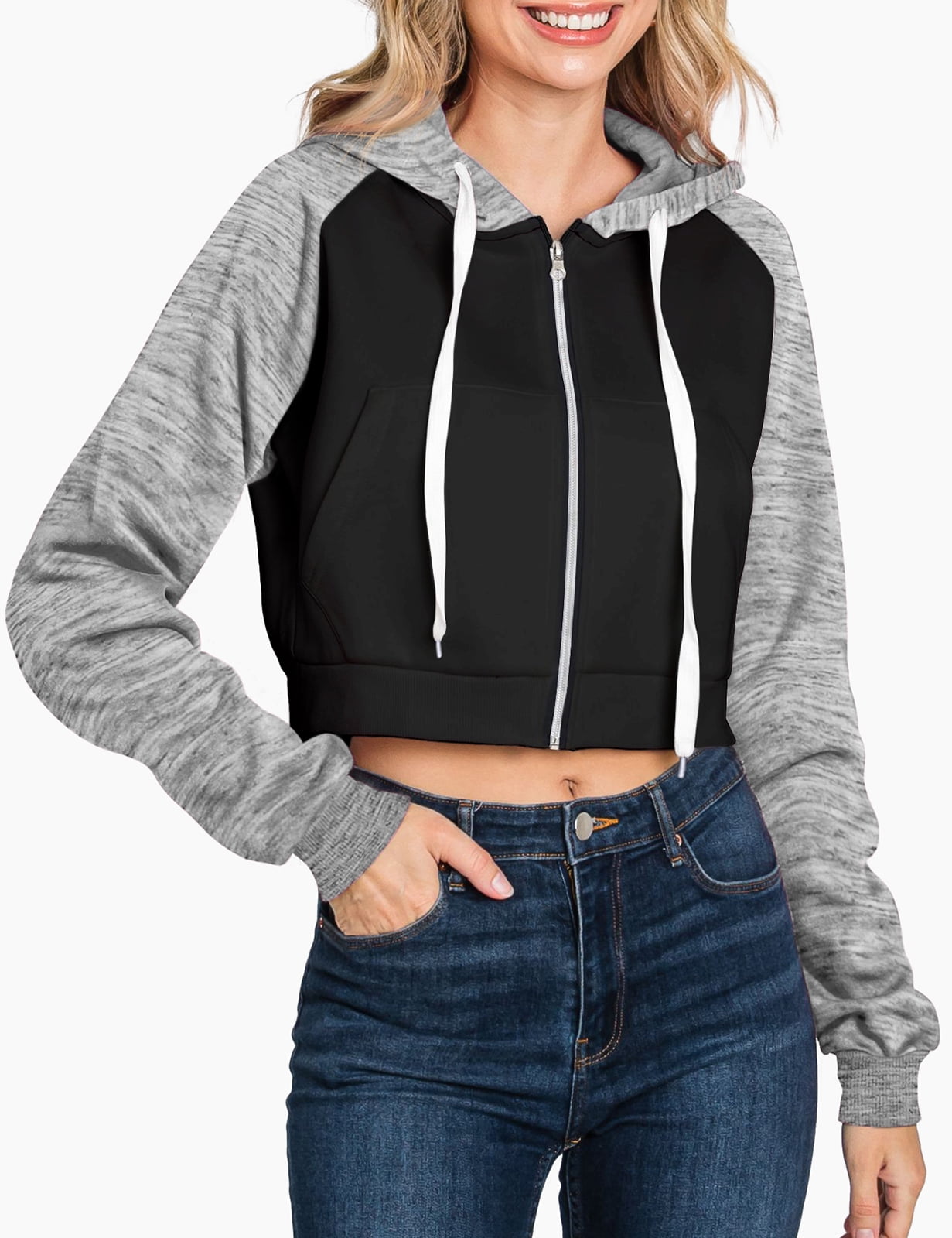 Doublju Women's Contrast Raglan Sleeve Crop Zip Up Hoodie With Kangaroo ...