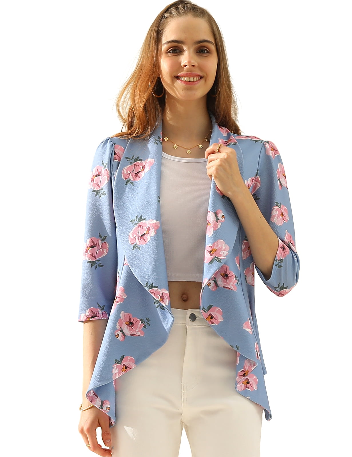 Doublju Women's Lightweight Thin 3/4 Sleeve Open Front Blazer with Plus ...