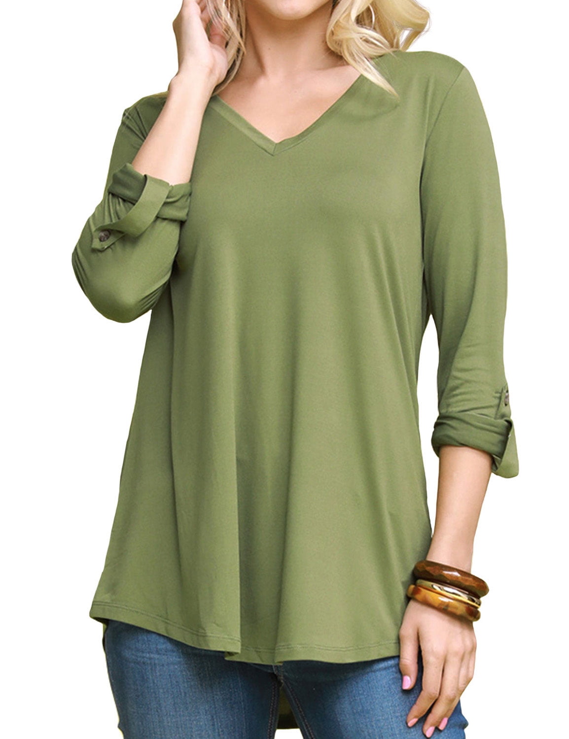 Doublju Women's Long Sleeve Banded V-Neck Top T-shirt (Plus Size ...