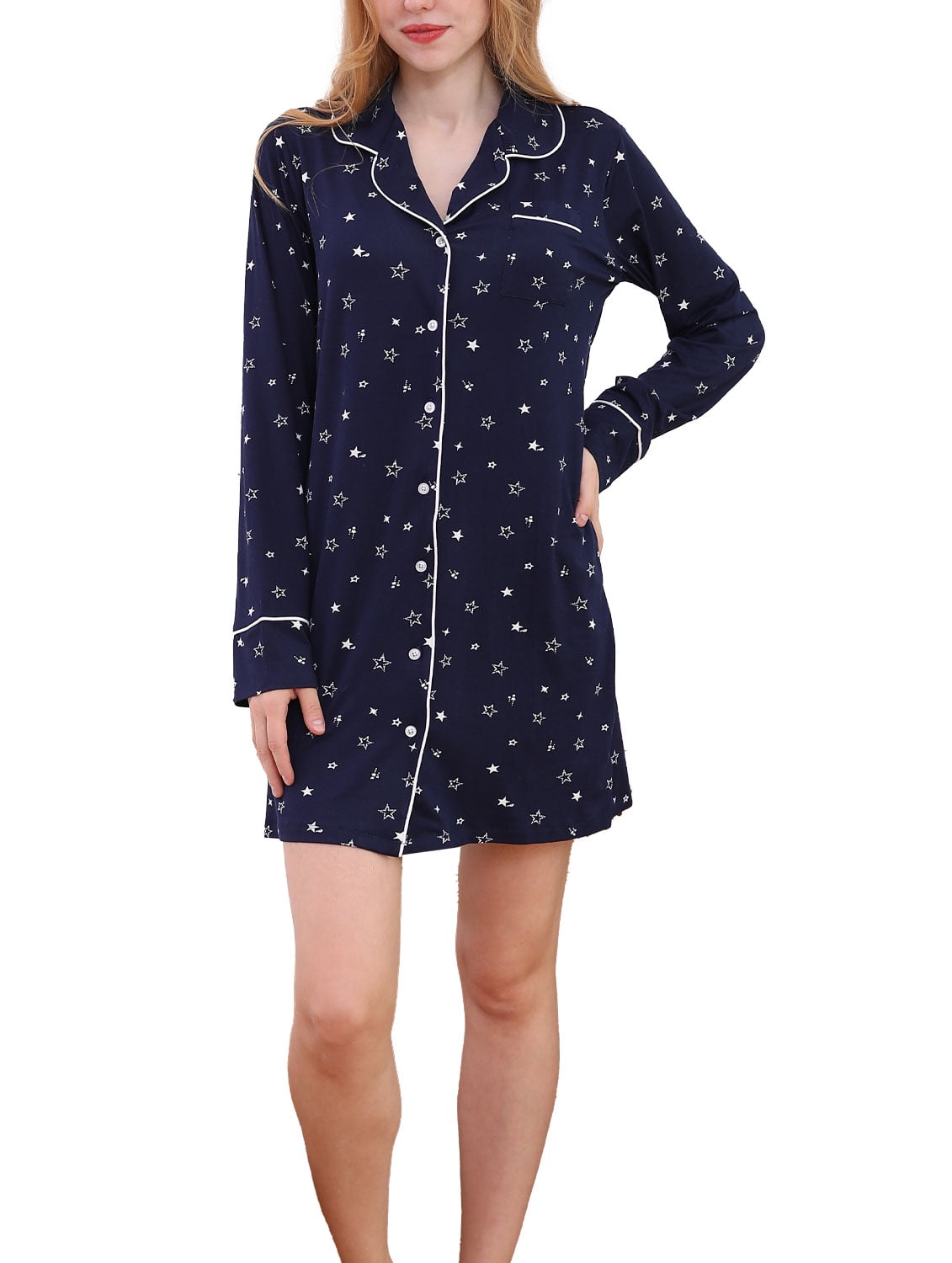 Doublju Women's Long Sleeve Button Down Nightgown Sleepwear Pajama ...