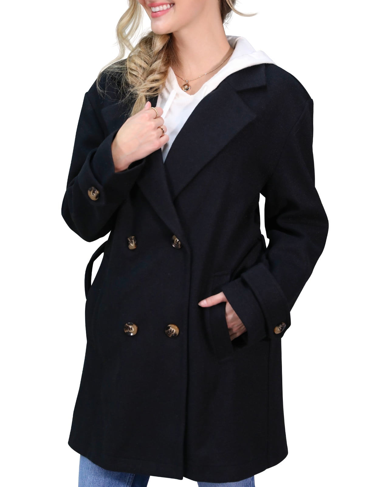 Doublju Women's Long Sleeve Light Weight Double Breasted Coat Jacket ...