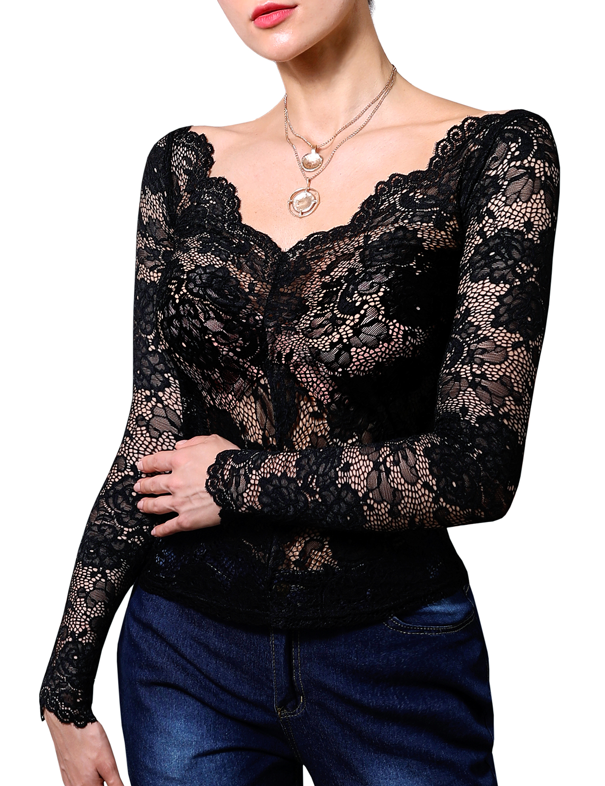 Doublju Women's Long Sleeve V-Neck Scallop Lace Casual Top - Walmart.com