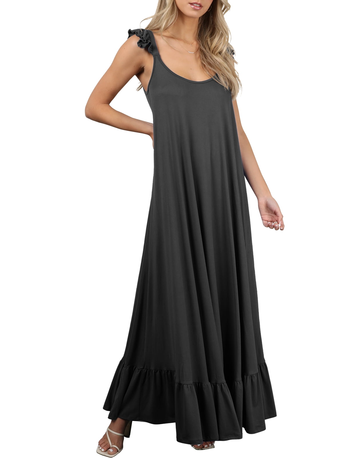 Doublju Women's Scoop Neck Ruffle Trim Maxi Long Dress (Plus Size ...