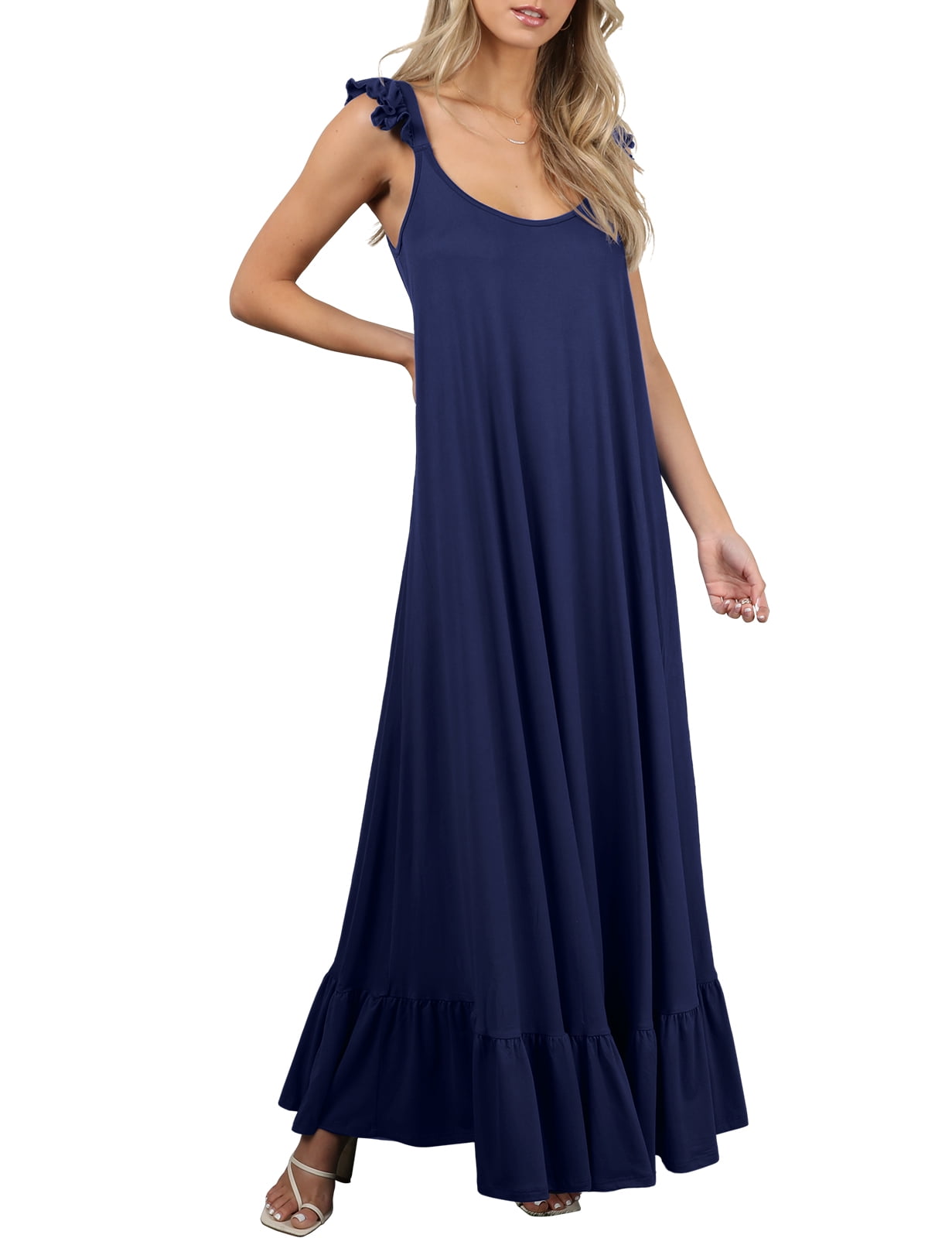 Doublju Women's Scoop Neck Ruffle Trim Maxi Long Dress (Plus Size ...