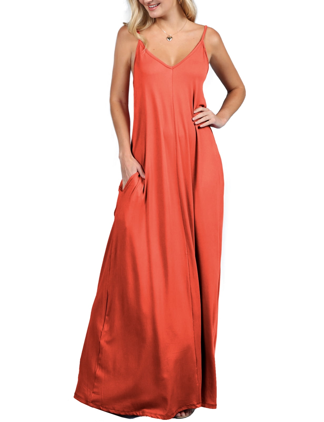 Doublju Women's Spaghetti Strap Maxi Dress with Pockets (Plus Size ...