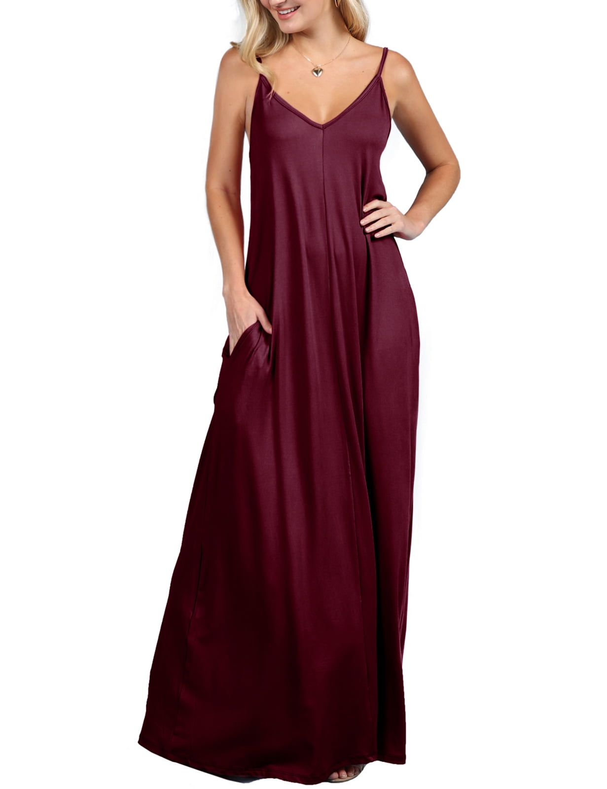 Doublju Women's Spaghetti Strap Maxi Dress with Pockets (Plus Size ...
