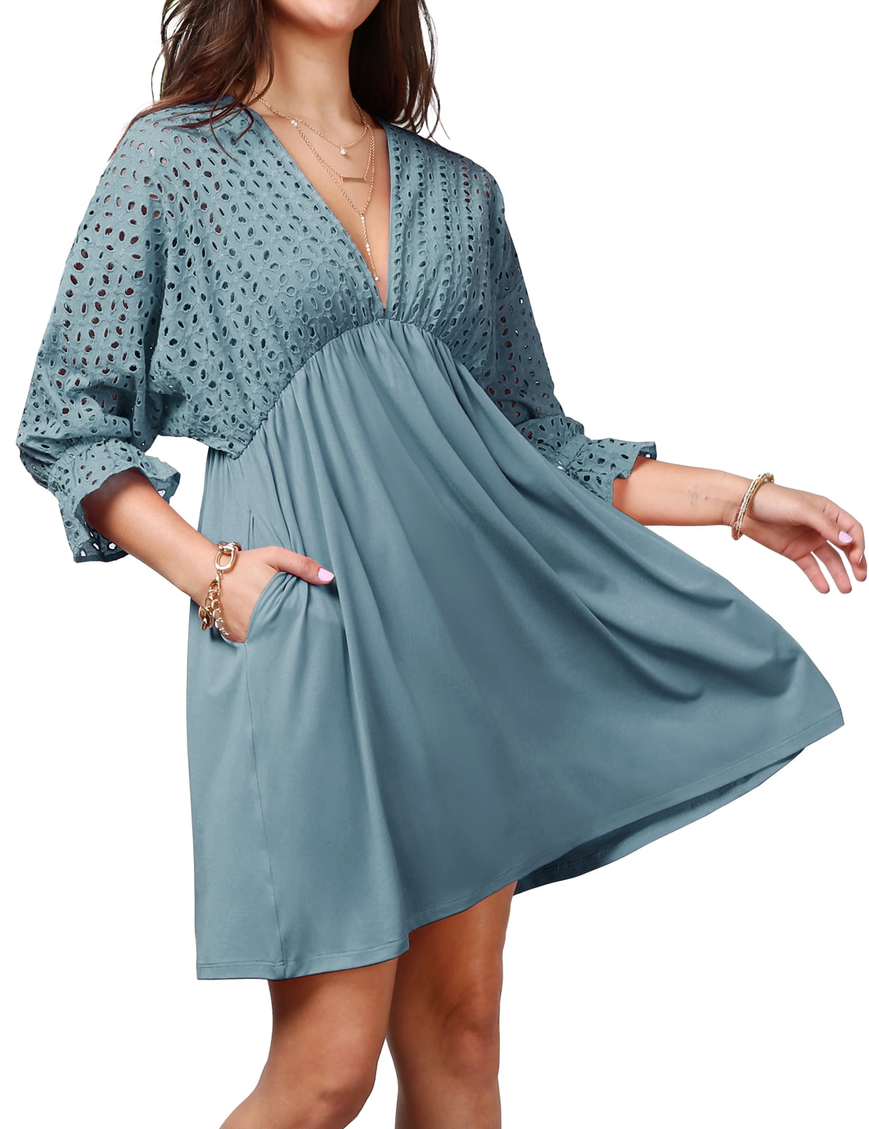 Doublju Womens 34 Sleeve Deep V Neck Eyelet Casual Midi Dress With Plus ...