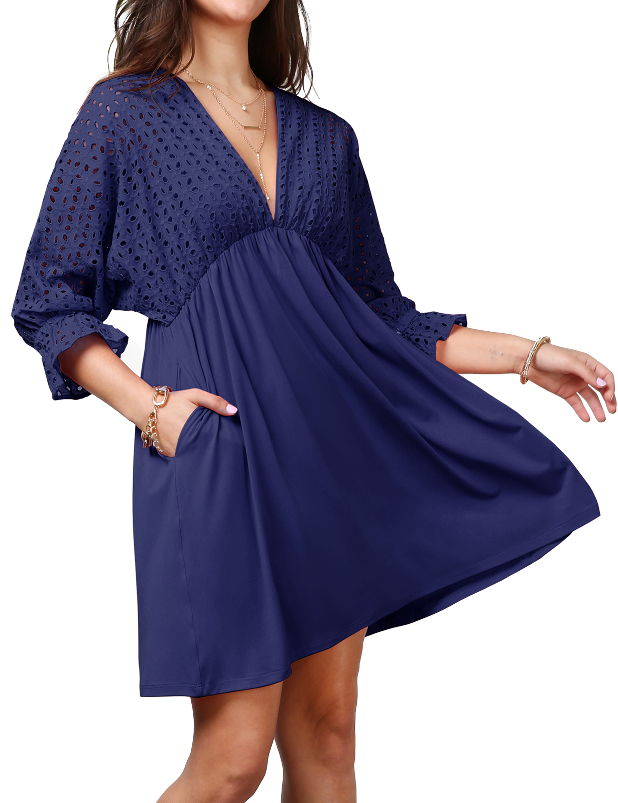 Doublju Womens 34 Sleeve Deep V Neck Eyelet Casual Midi Dress With Plus ...