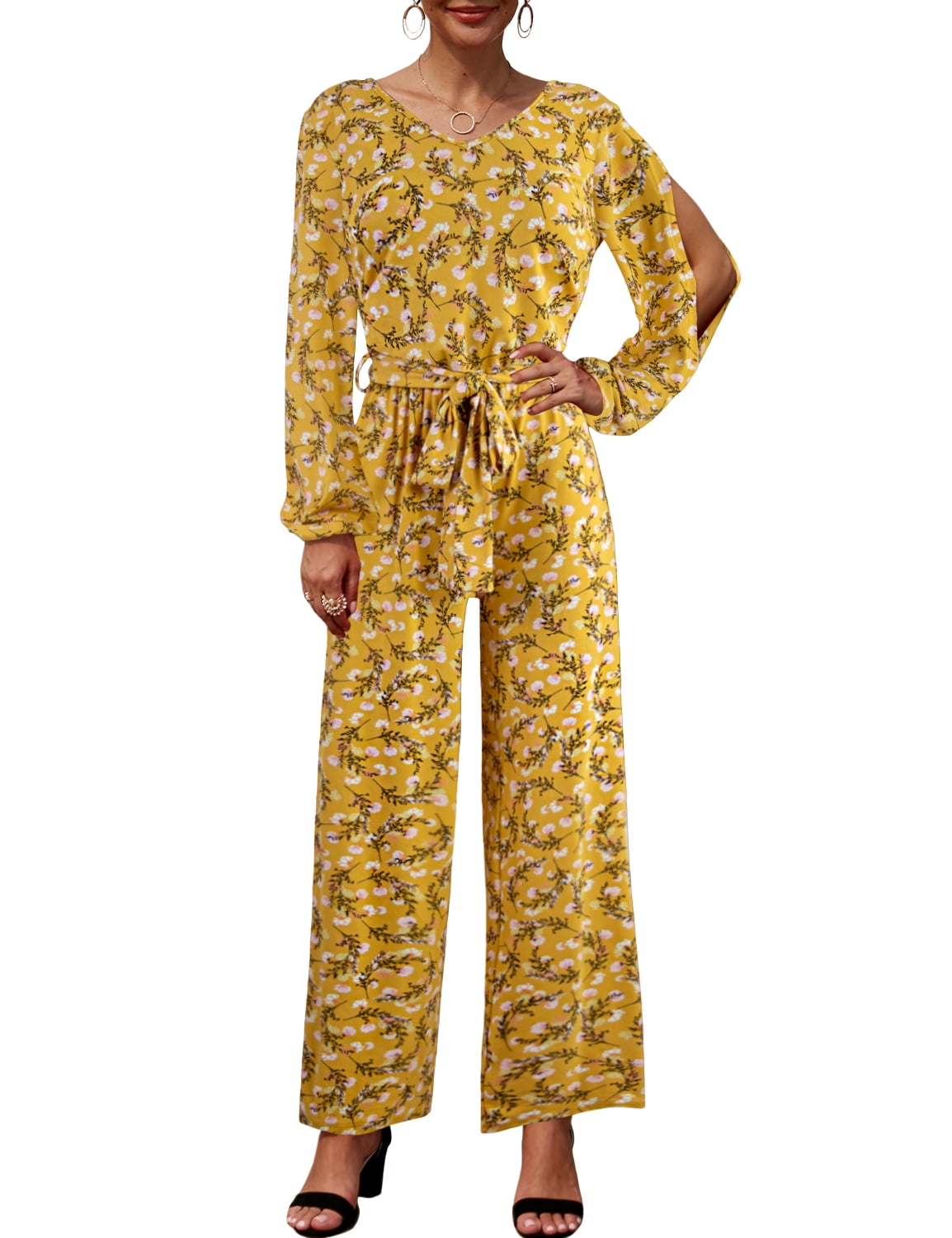 Doublju Womens Casual Long Sleeve Waist Band Wide Leg Jumpsuit With ...