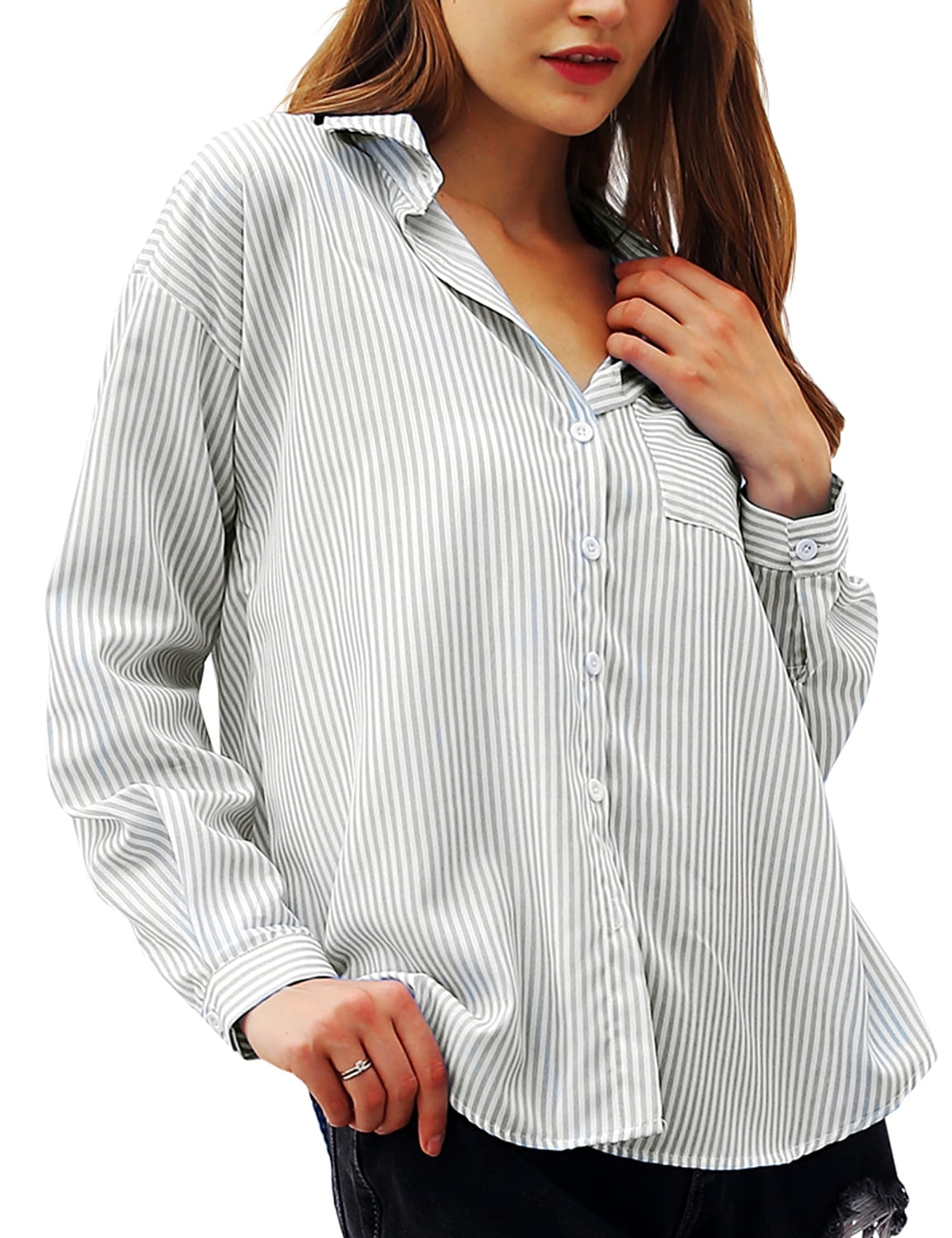 Doublju Womens Long Sleeve Button Down Vertical Stripe One Pocket Shirt ...