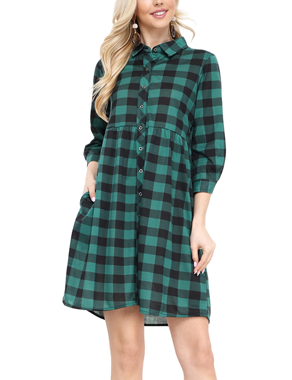 Doublju Womens Roll Up 34 Sleeve Plaid Flared Shirt Dress With 2 Side ...