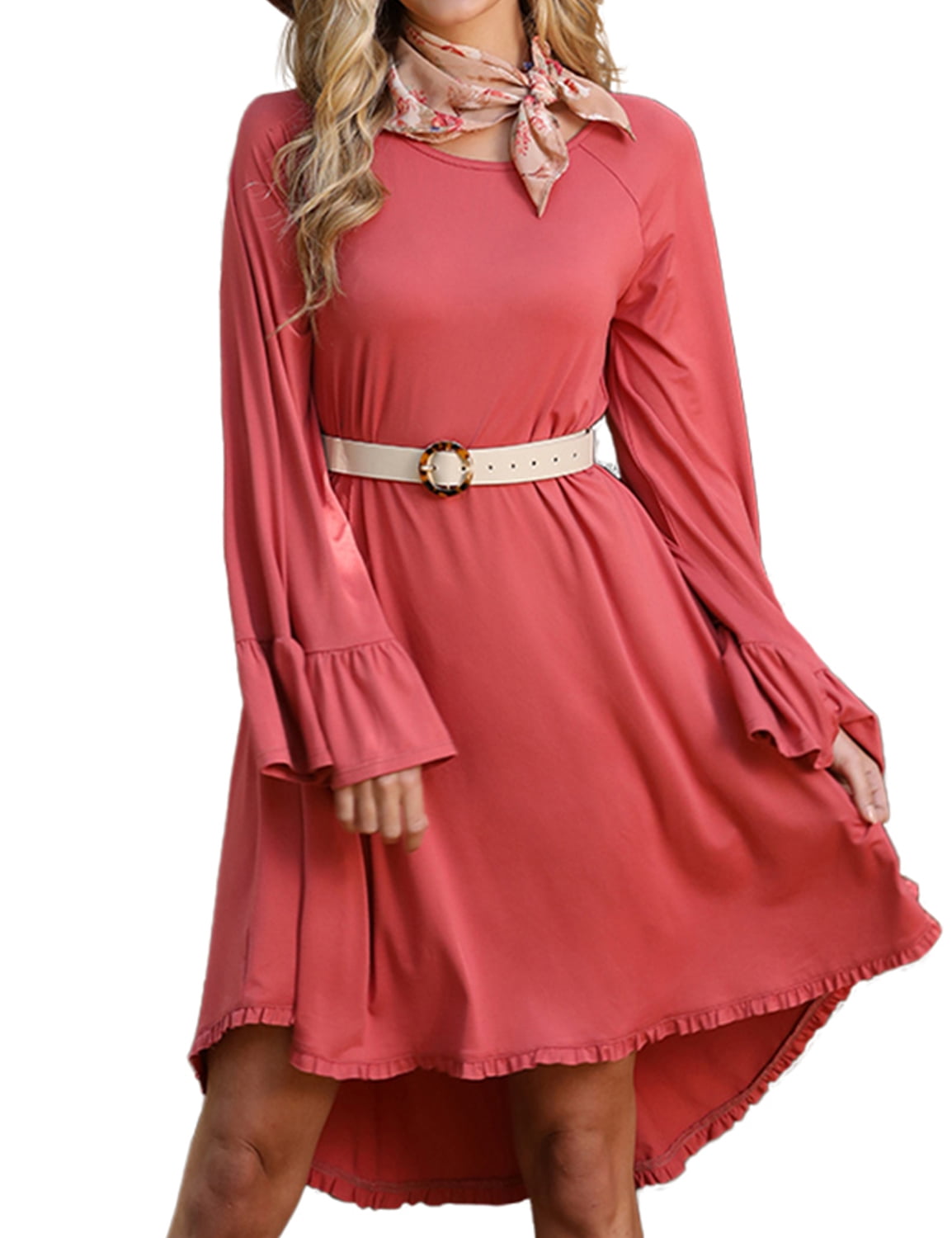 Doublju Womens Ruffle Detail Long Sleeve Dress With Side Pocket ...