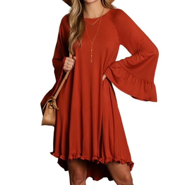 Doublju Womens Ruffle Detail Long Sleeve Dress With Side Pocket ...