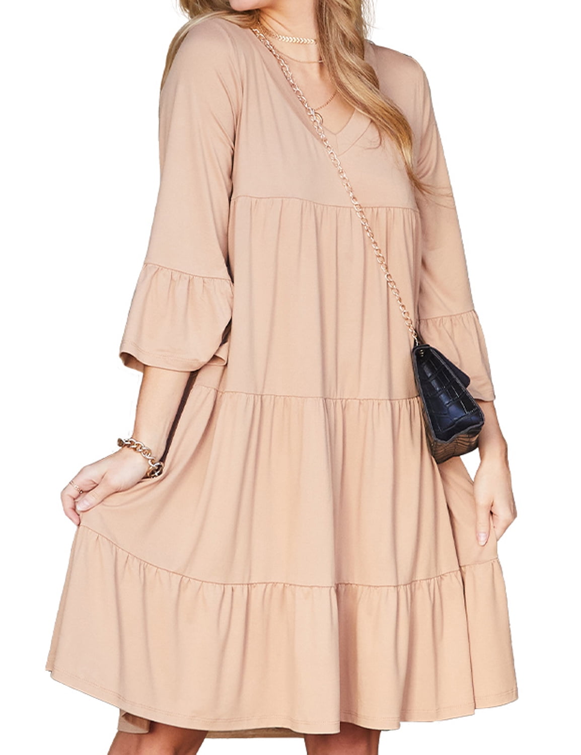 Doublju Womens Ruffle Layered Long Sleeve Midi Dress With Plus Size ...